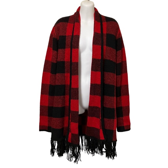 Ruff Hewn | Sweaters | Ruff Hewn Red Black Buffalo Plaid Fringe Open ...